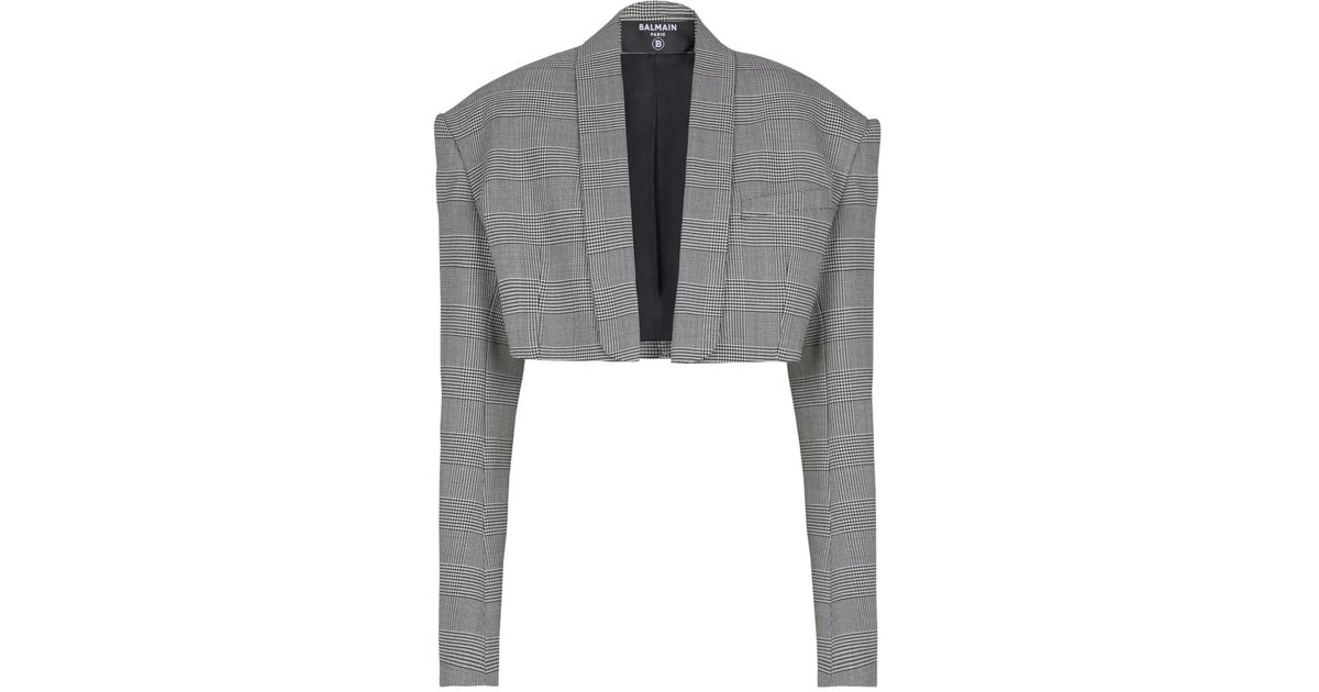 Balmain Prince Of Wales Jacquard Crop Jacket in Grey | Lyst UK