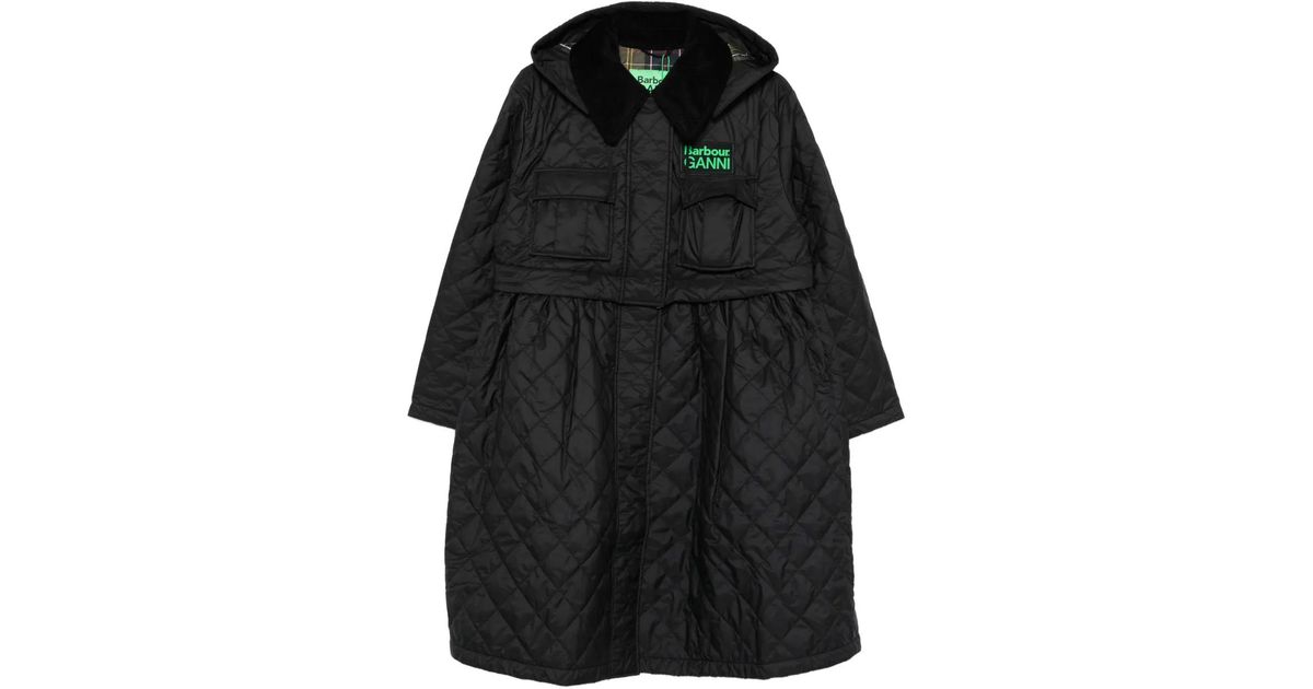 Barbour X Ganni Quilted Hooded Coat in Black | Lyst UK