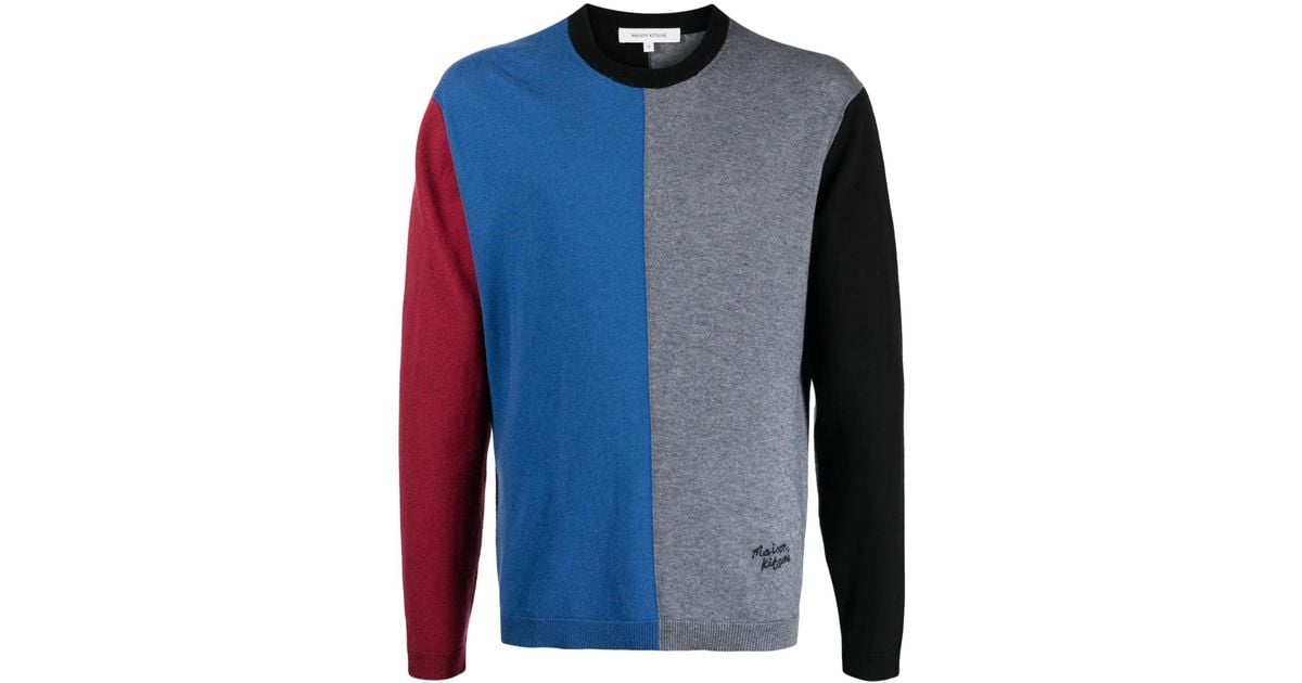 Maison Kitsuné Colour-Block Knitted Jumper in Blue for Men | Lyst UK