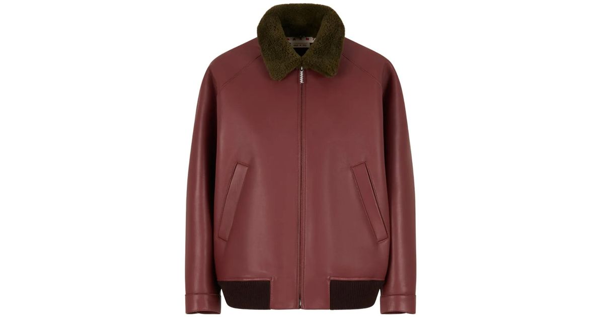 Marni Collar-Detail Leather Bomber Jacket in Red | Lyst UK