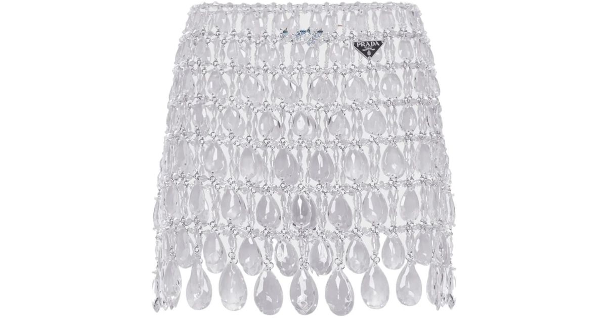 Prada Crystal-Embellished Fringed Miniskirt in White | Lyst