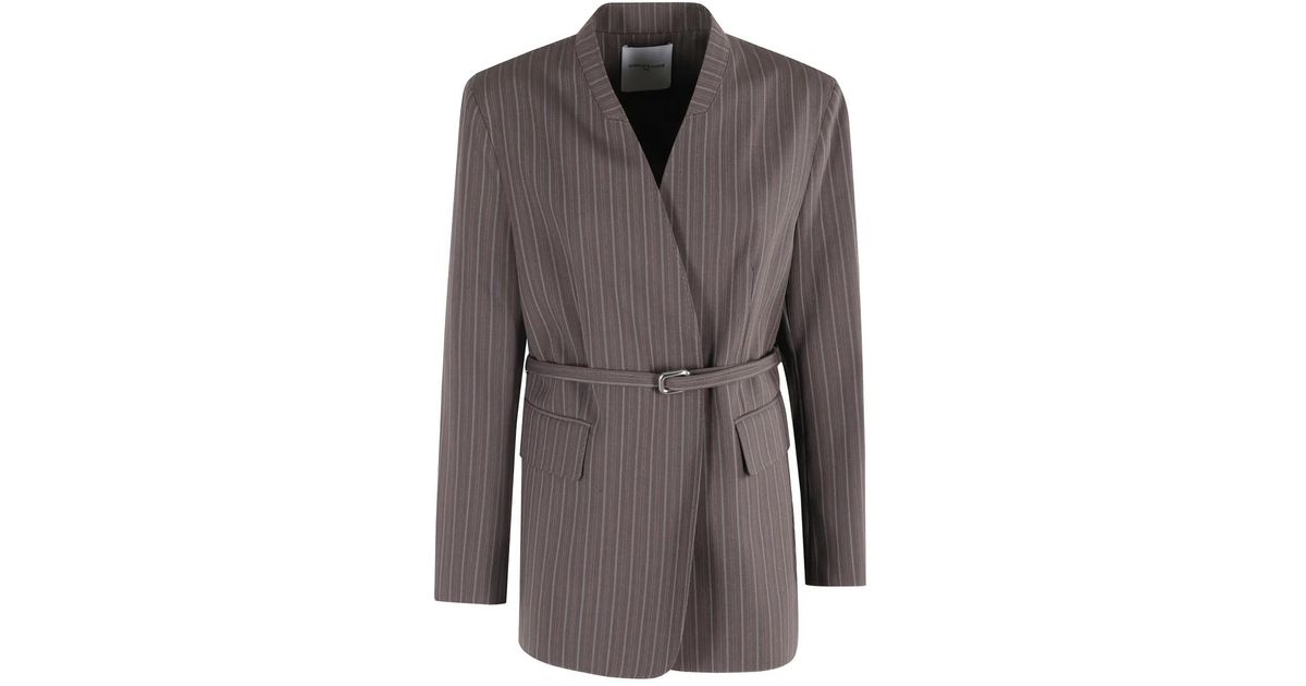 Isabelle Blanche Pinstripe Belted Jacket in Brown | Lyst UK