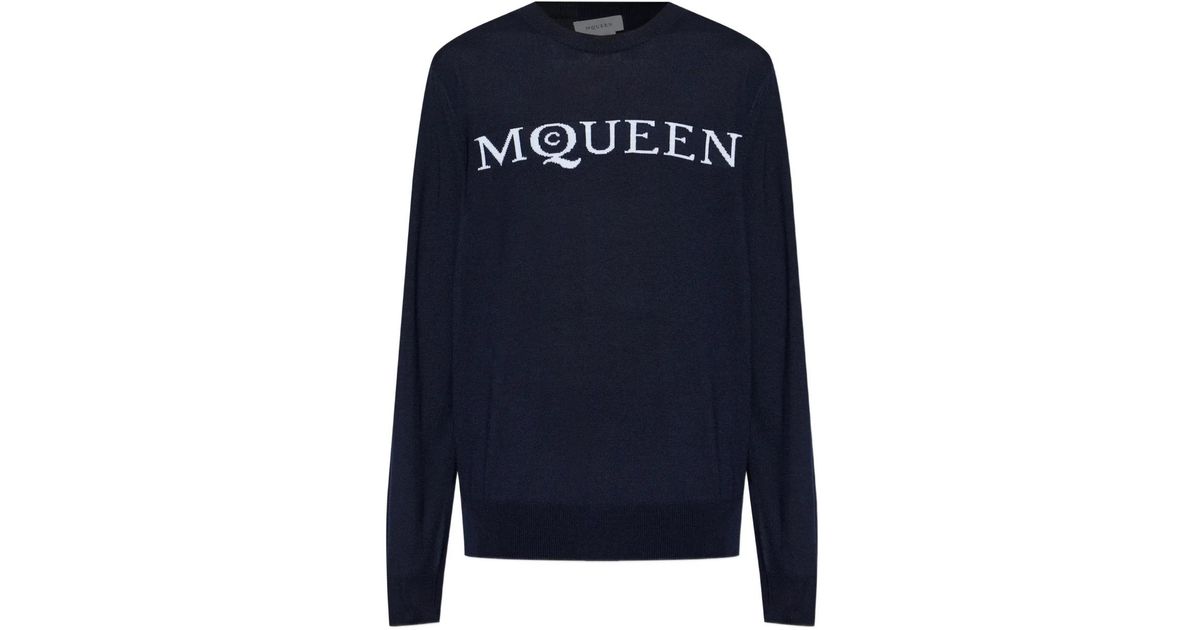 McQueen Intarsia-Knit Logo Sweater in Blue for Men | Lyst UK