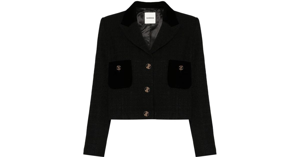 Sandro Velvet Tweed Cropped Jacket in Black | Lyst