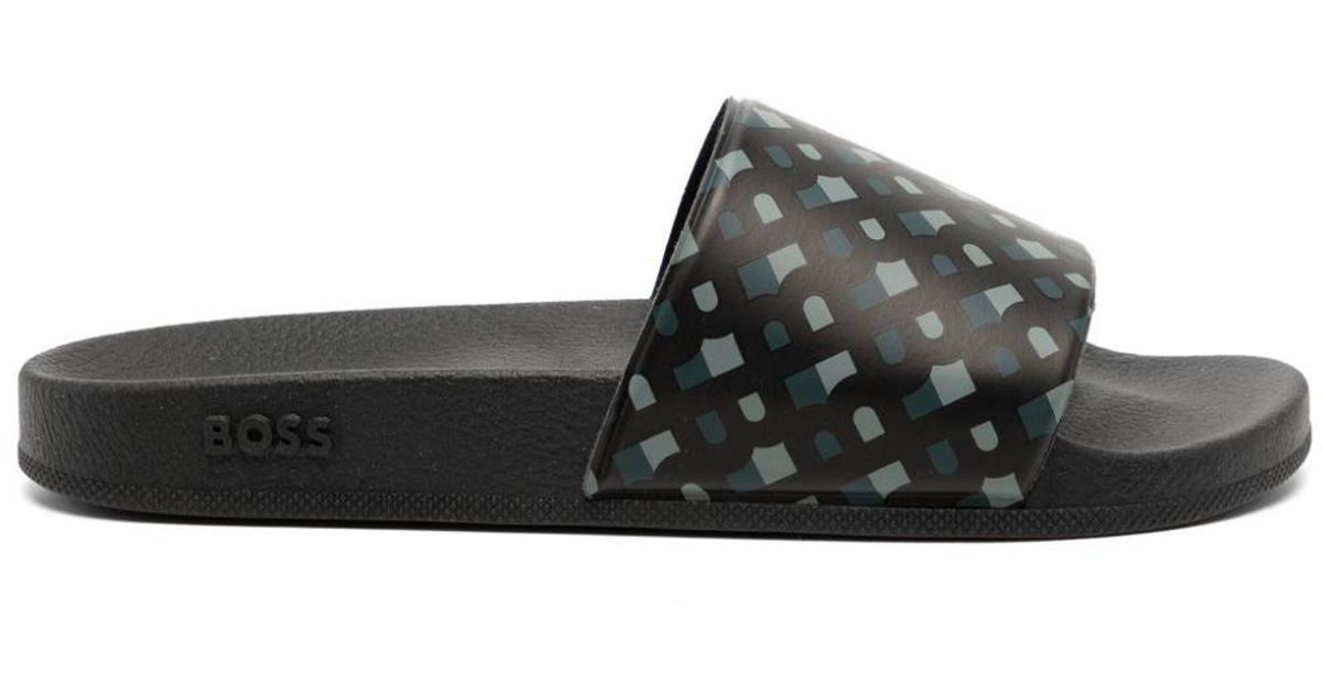 BOSS Monogram-Print Moulded-Footbed Slides in Black for Men | Lyst