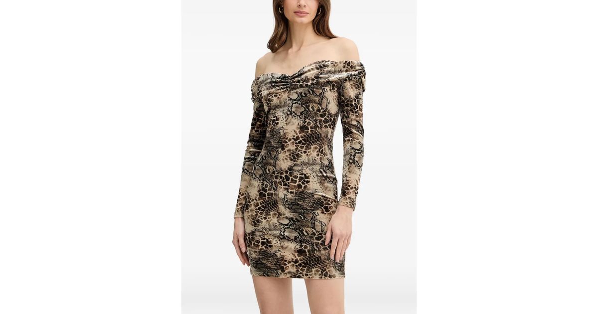Guess Off-Shoulder Animal-Print Mini Dress in Natural | Lyst