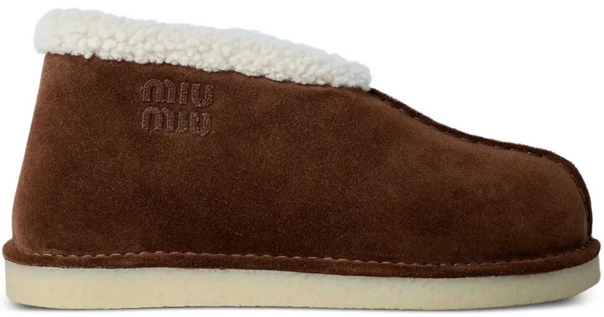 Miu Miu Logo-patch Shearling-trim Boots in Brown | Lyst UK