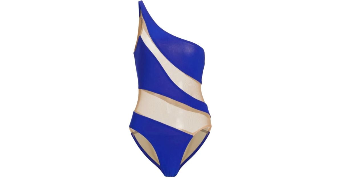 Norma Kamali Snake Mesh Mio One-Shoulder Swimsuit in Blue | Lyst