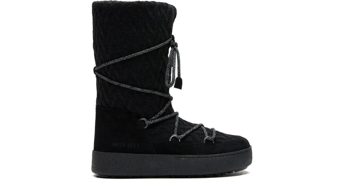 Moon Boot Knit-Upper Lace-Up Boots in Black | Lyst UK