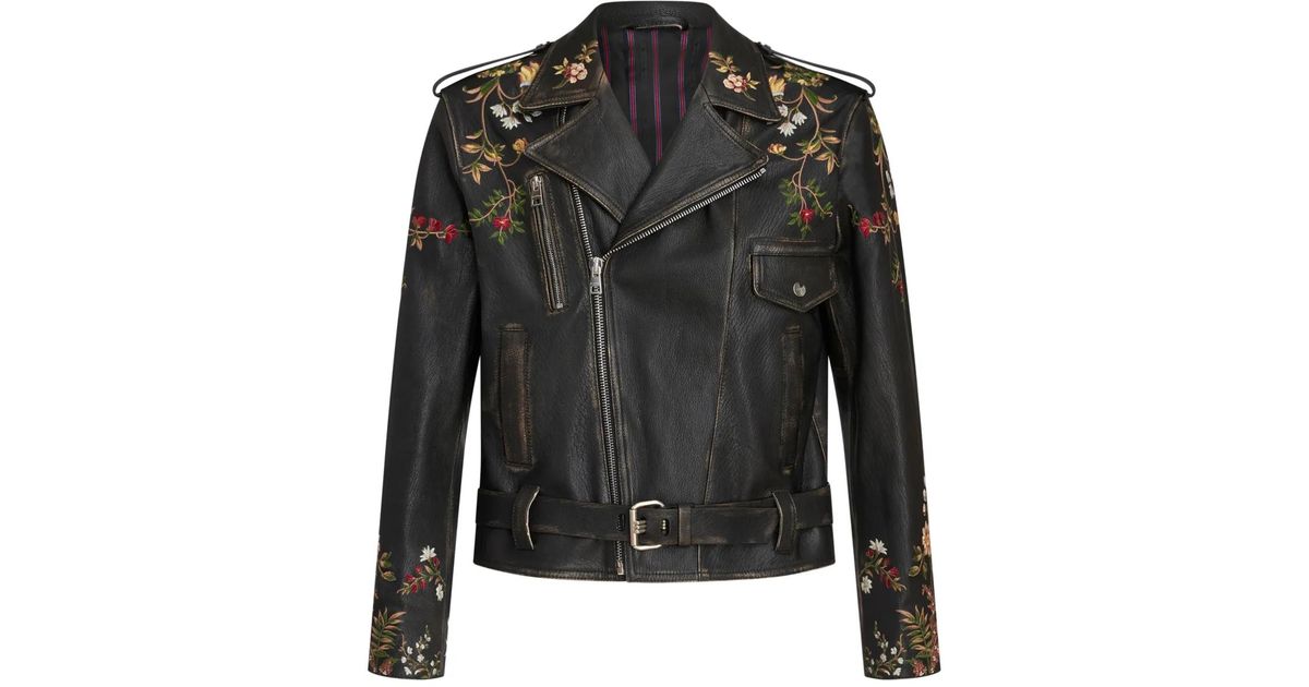 Etro Floral-Embroidery Leather Biker Jacket in Black for Men | Lyst