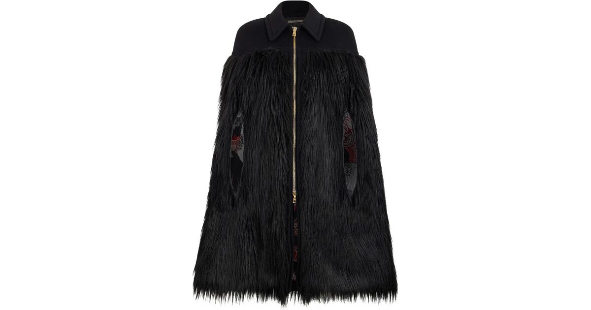 Roberto Cavalli Zip-Up Faux-Fur Cape in Black | Lyst