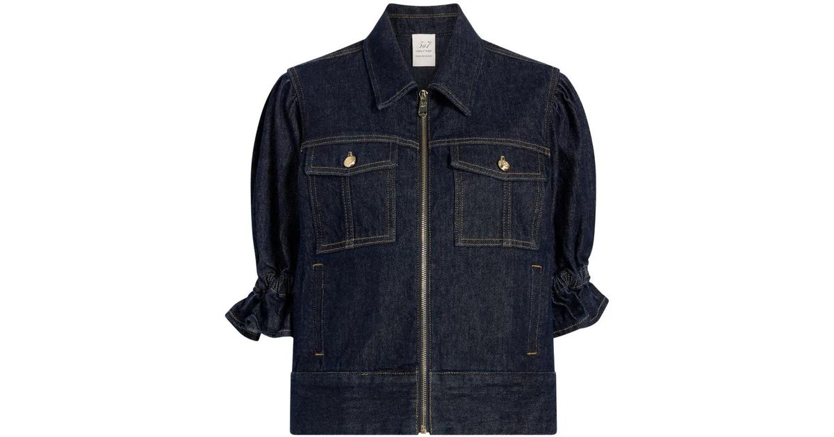Cinq À Sept Holly Ruffled Puff-Sleeve Denim Jacket in Blue | Lyst