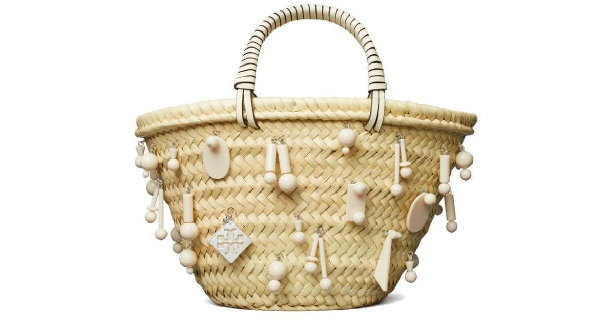 Tory Burch Embroidered Raffia Tote in Metallic | Lyst