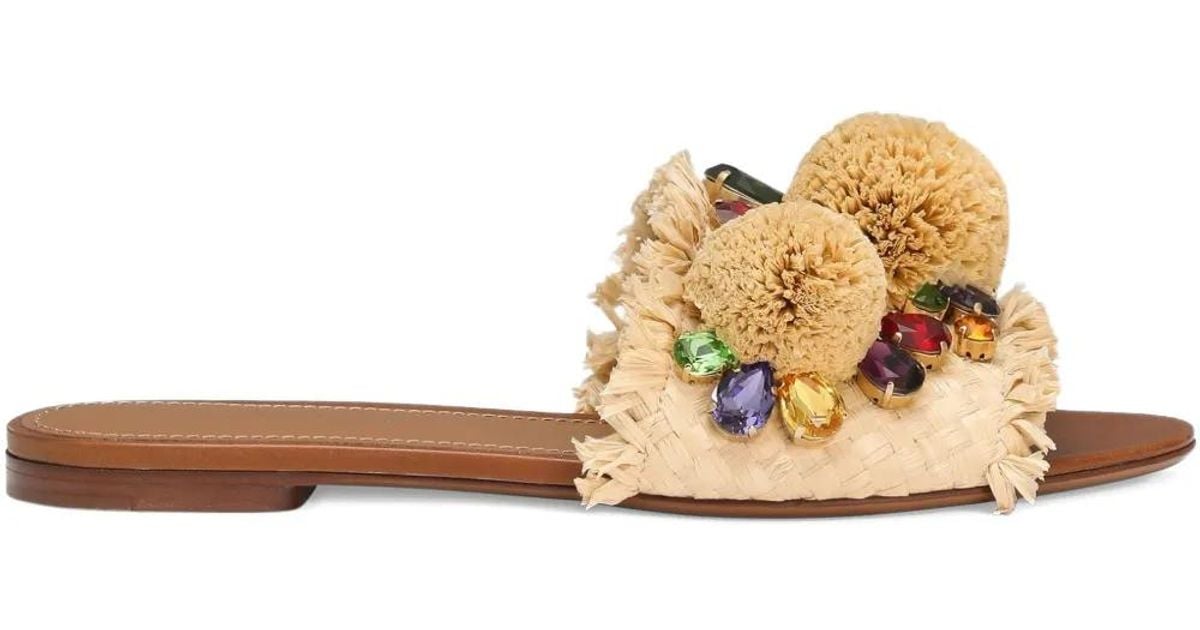 Dolce & Gabbana Embellished Raffia-Effect Slides in Brown | Lyst