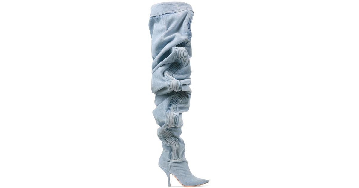 Y. Project Thigh High Ruched Denim Boots in Blue | Lyst UK