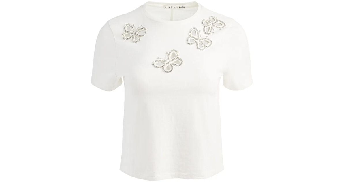 Alice + Olivia Crystal-Embellished Cutout T-Shirt in White | Lyst UK