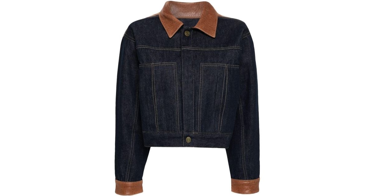 FRAME Leather-Trim Denim Jacket in Blue | Lyst