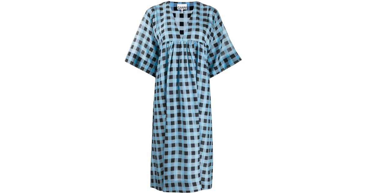 Ganni Checkered Tent Midi Dress in Blue | Lyst