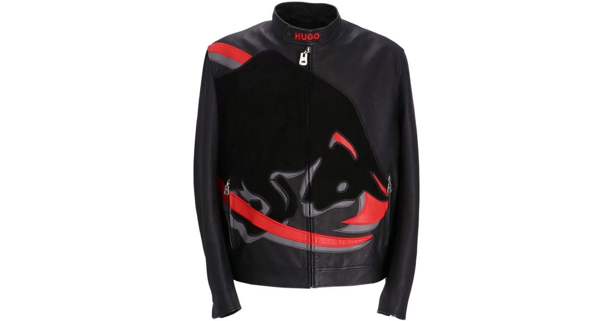 HUGO X Rb Bull-Motif Leather Jacket in Black for Men | Lyst