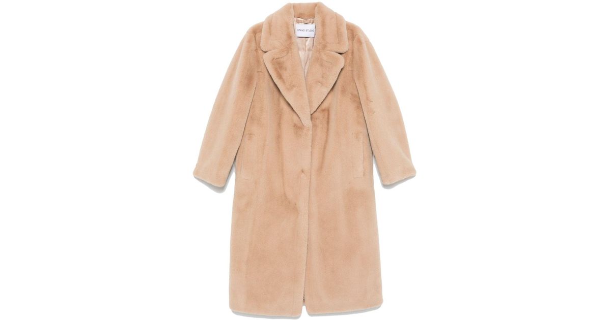 Stand Studio Brushed Faux Fur Notched Coat in Natural | Lyst