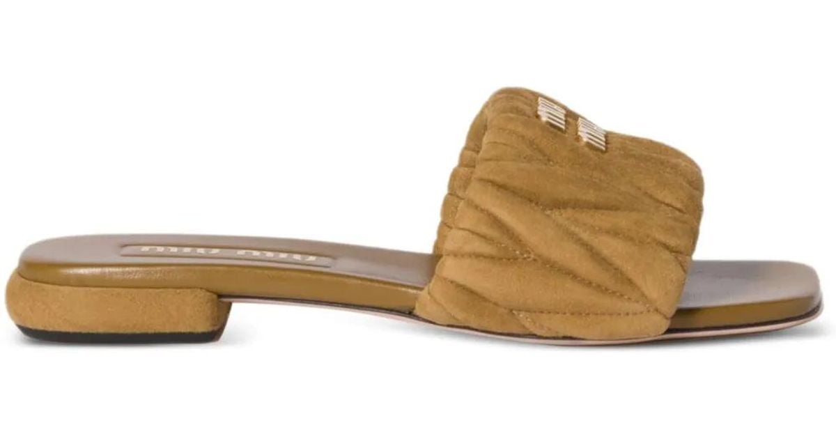 Miu Miu Matelassé Suede Slides in Green | Lyst