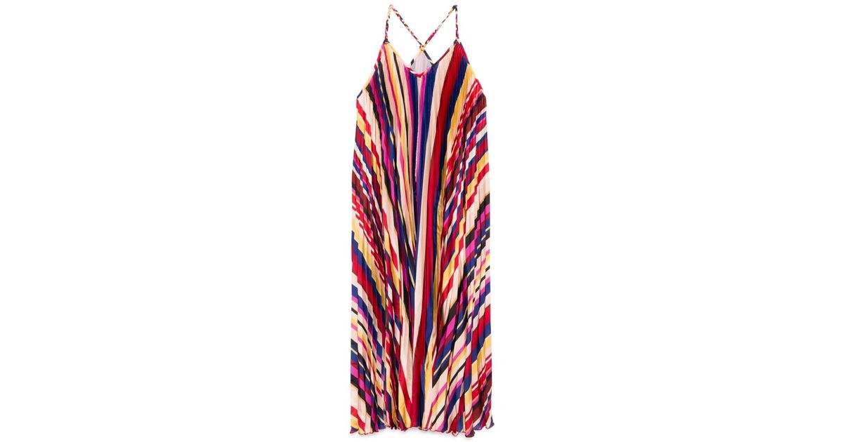 FARM Rio Diagonal-Stripes Pleated Midi Dress in Red | Lyst UK