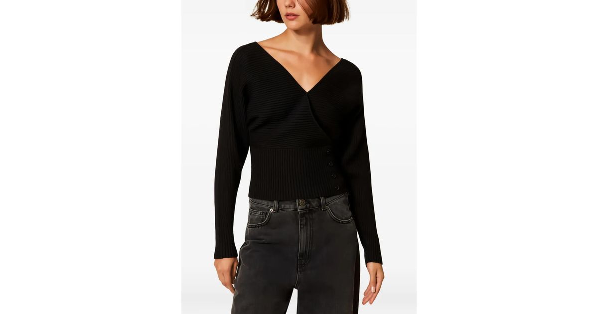 Twinset Ribbed-Knit Cross-Front Sweater in Black | Lyst UK
