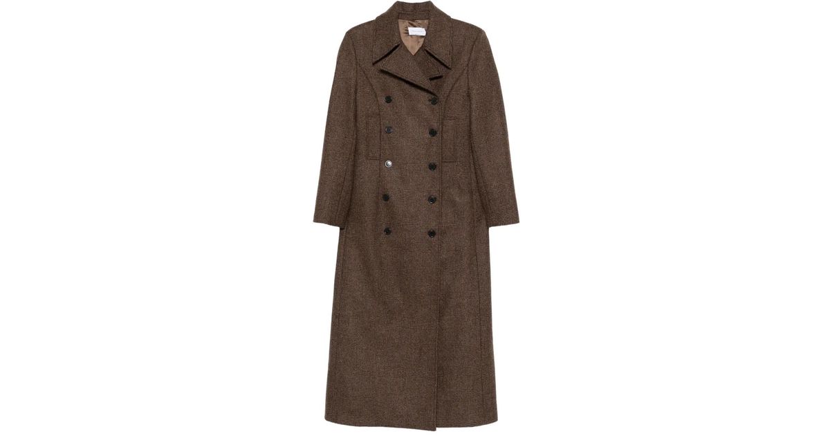 THE NINA STUDIO Double-Breasted Check Coat in Brown | Lyst