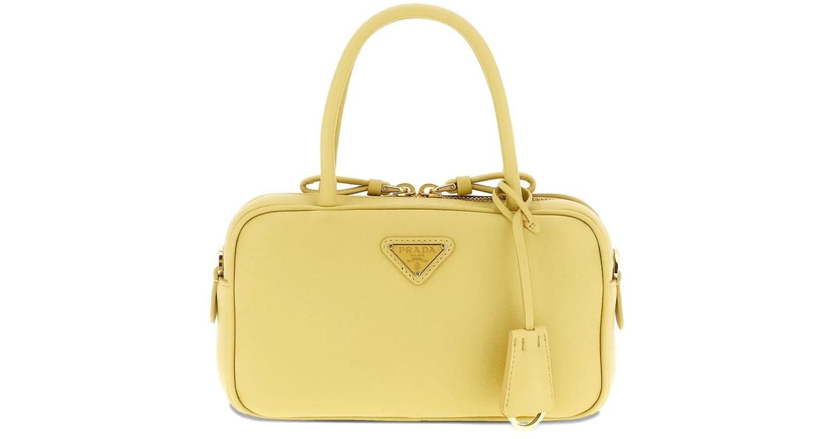 Prada Baulett Logo-Plaque Leather Tote Bag in Yellow | Lyst UK