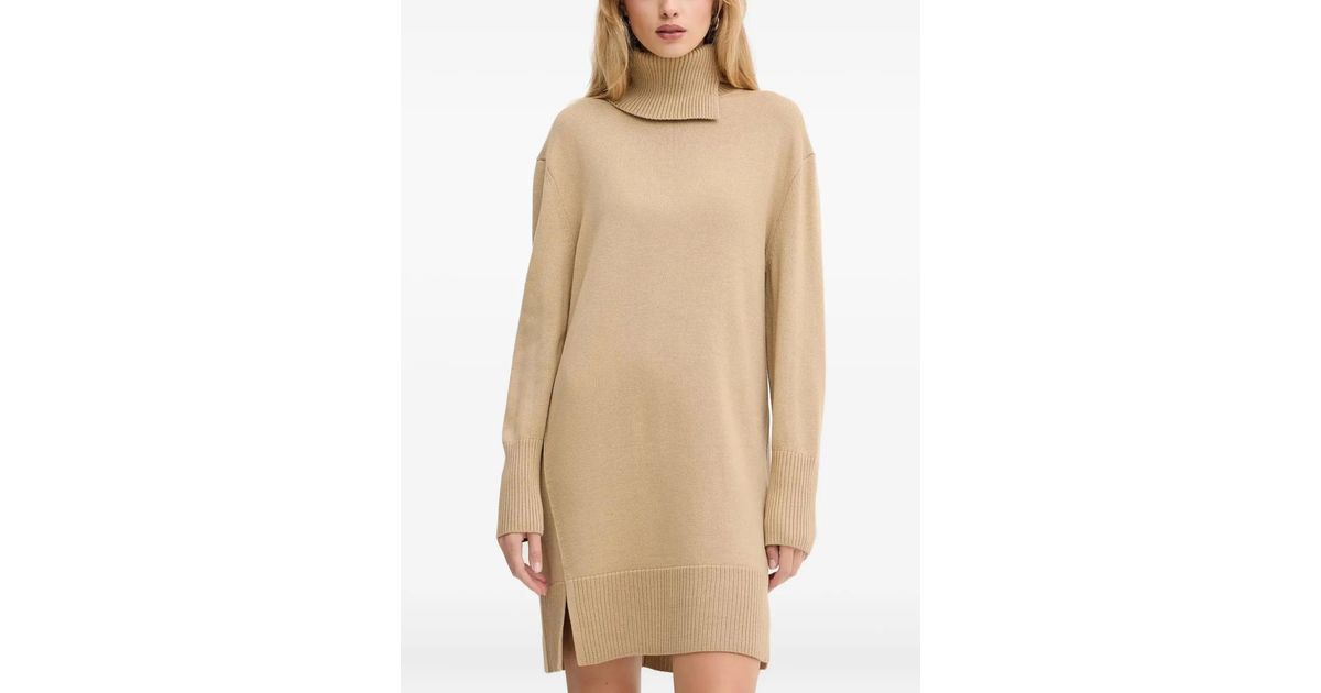 BOSS Roll-Neck Ribbed Mini Dress in Natural | Lyst UK