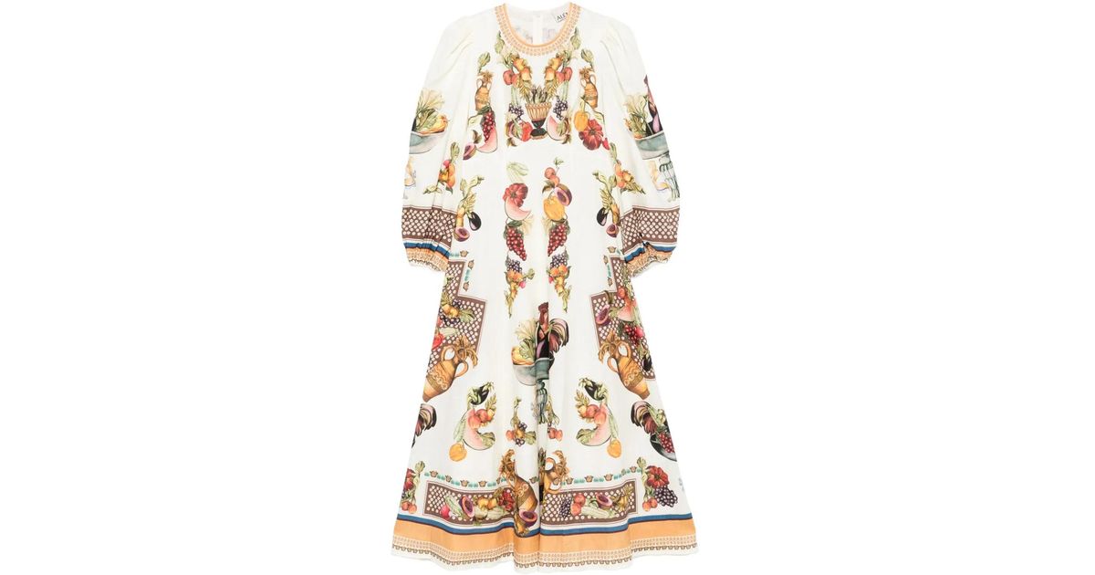 ALÉMAIS Mercado Fruit-Print Puff-Sleeve Midi Dress in White | Lyst