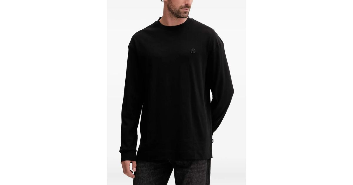 BOSS Long-Sleeve Embroidered-Logo T-Shirt in Black for Men | Lyst UK