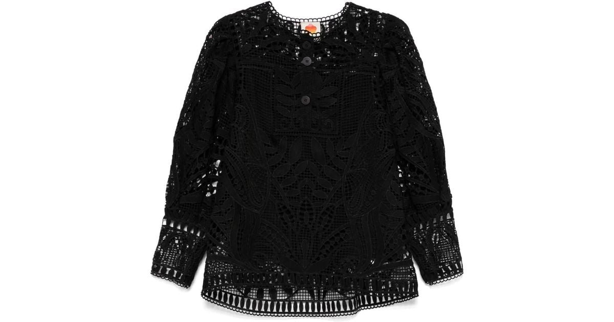FARM Rio Guipure-Lace Puff-Sleeve Blouse in Black | Lyst