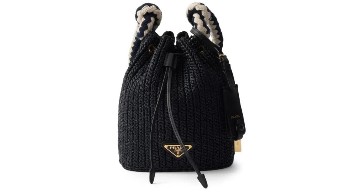 Prada Mini Woven Drawstring Bucket Bag in Black | Lyst