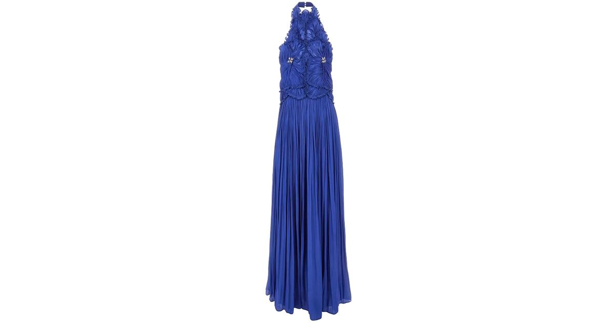 Costarellos Pleated Halter-Neck Maxi Dress in Blue | Lyst