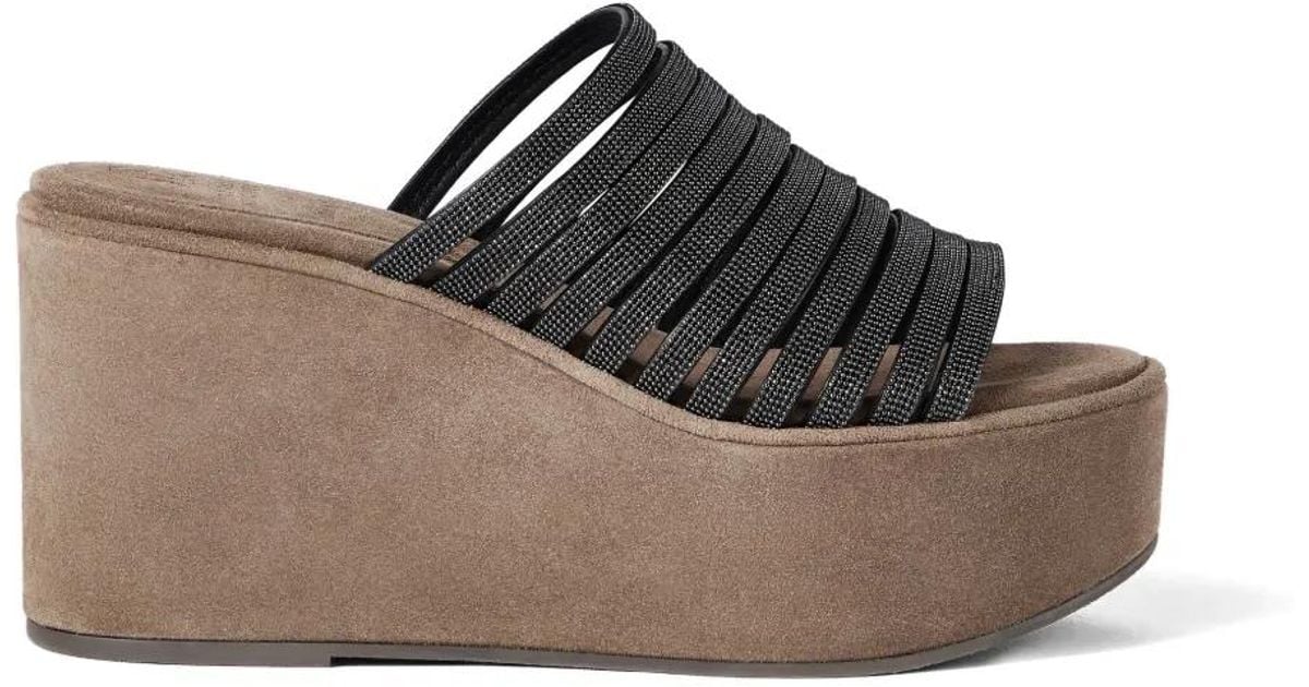 Brunello Cucinelli Suede Wedges With Precious Straps in Brown | Lyst UK