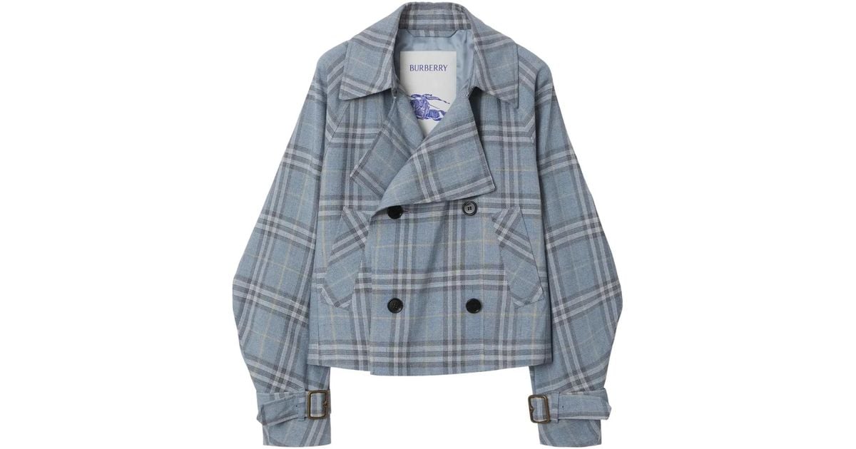 Burberry Check Silk Blend Trench Jacket in Blue | Lyst