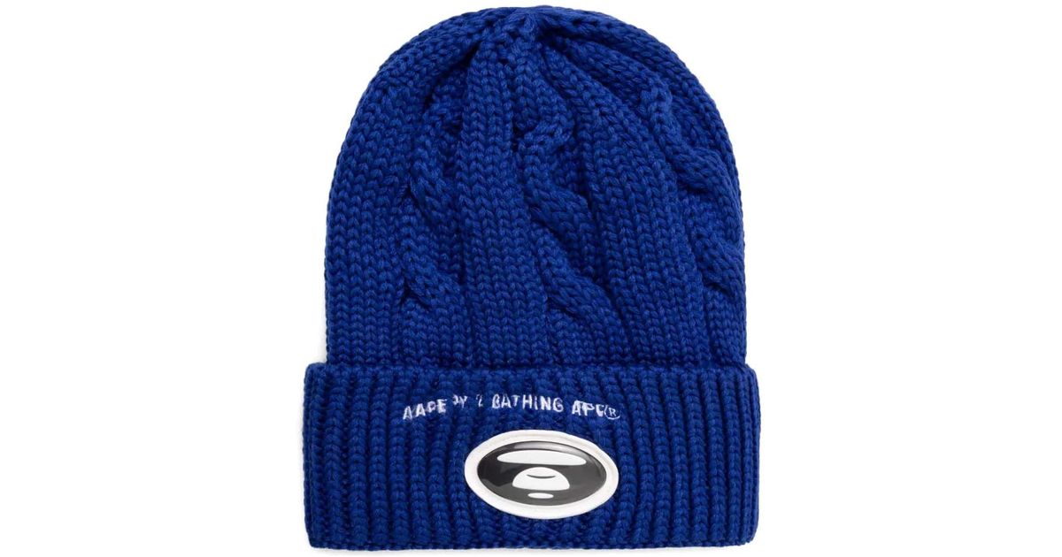 A Bathing Ape Cable-Knit Logo Beanie in Blue for Men | Lyst UK