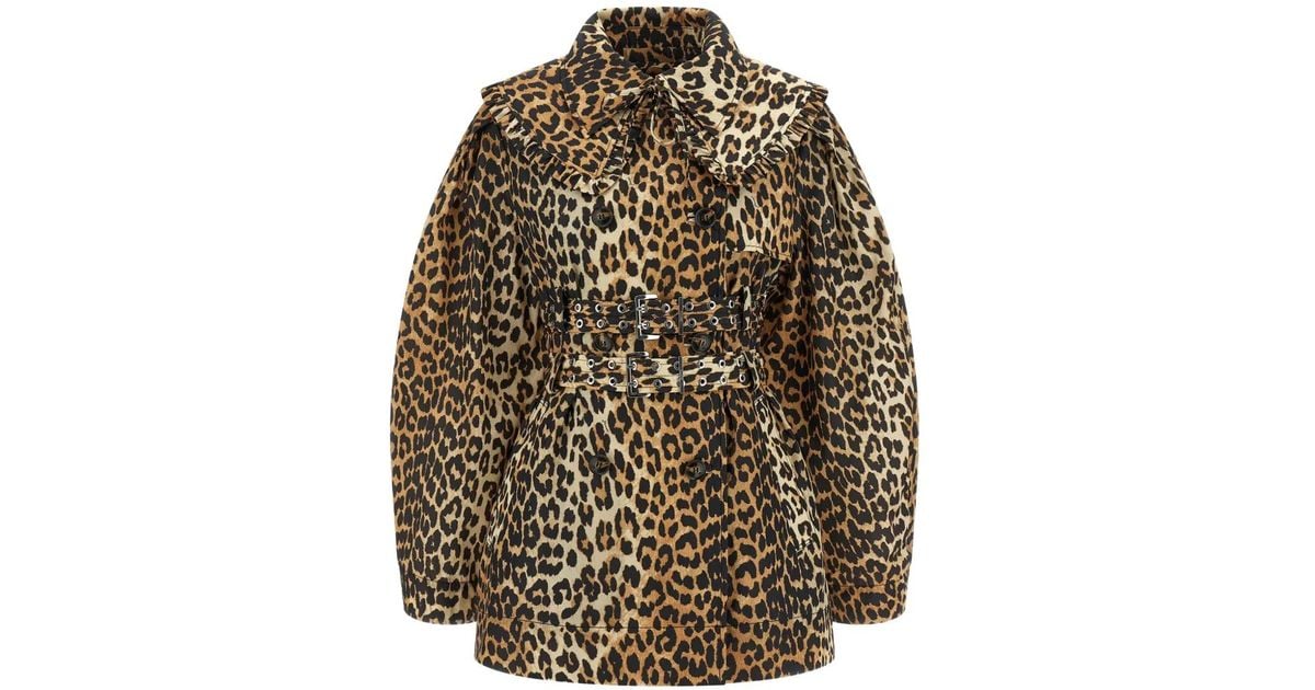 Ganni Ruffle Leopard Trench Coat in Brown | Lyst UK