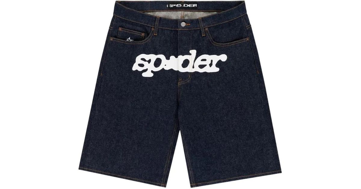 Sp5der V3 Logo Denim Shorts in Blue for Men | Lyst