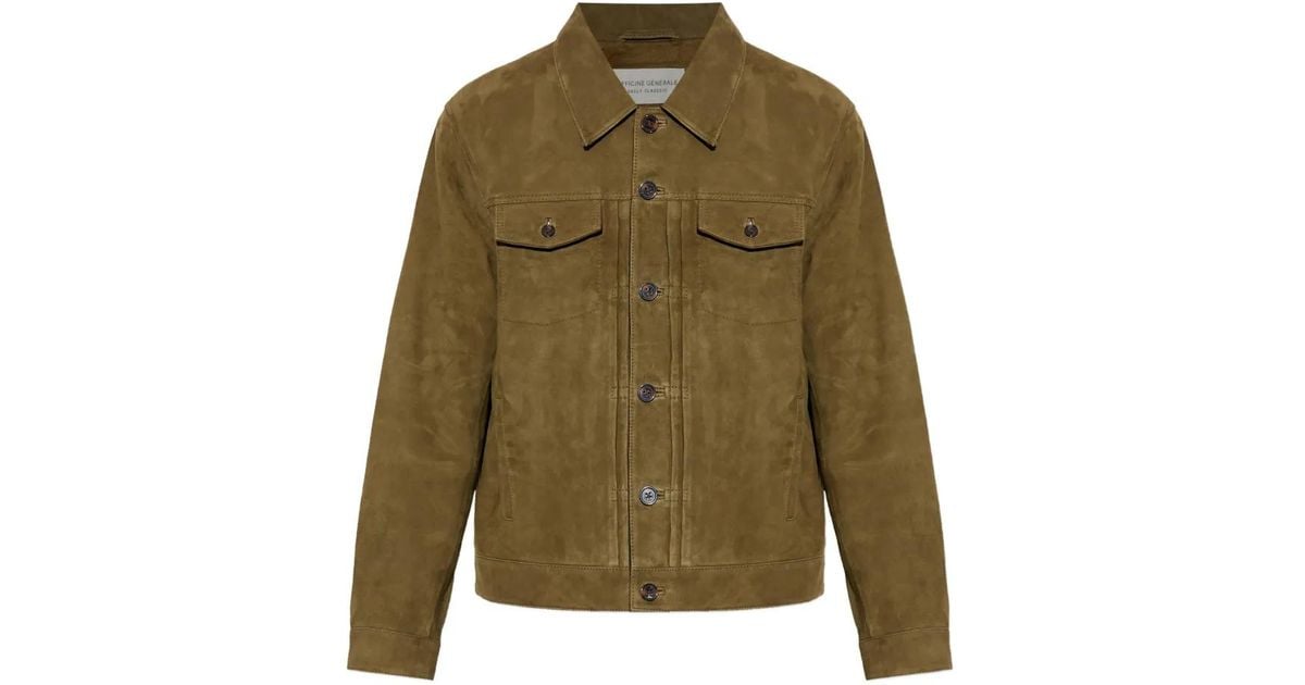 Officine Generale Button-Fastening Suede Jacket in Green for Men | Lyst UK