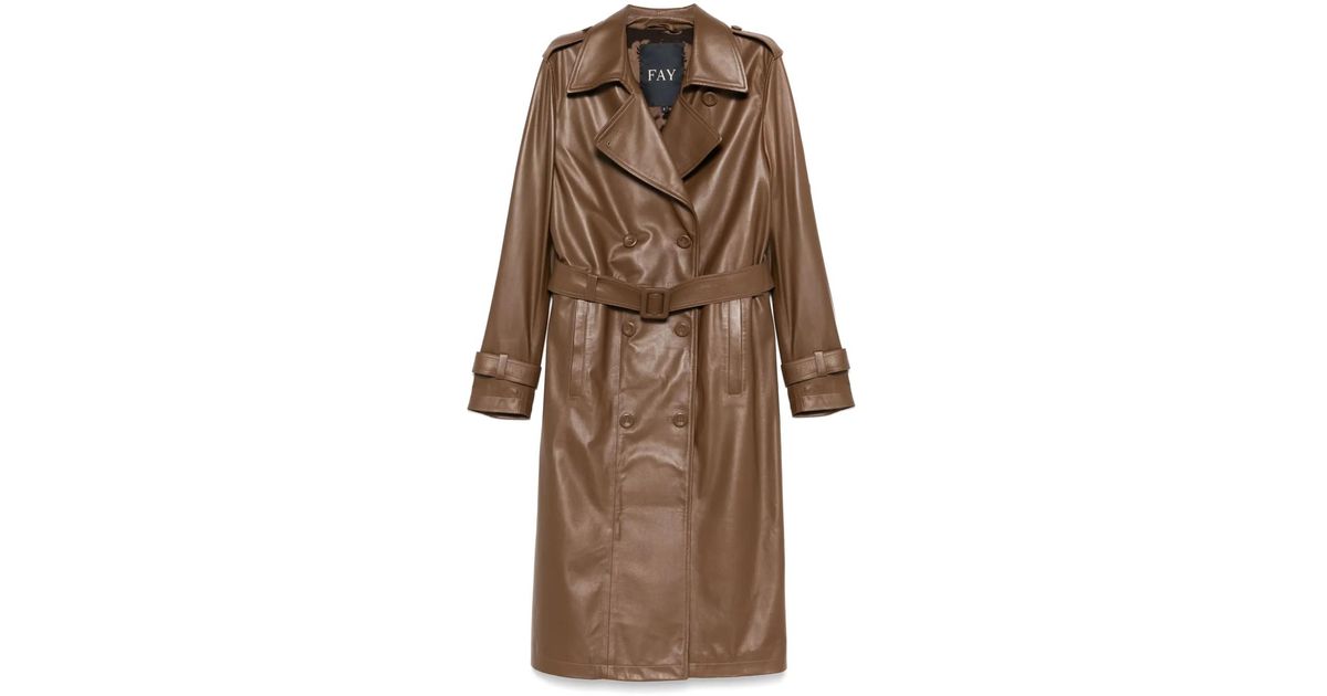 Fay Leather Trench Coat in Brown | Lyst