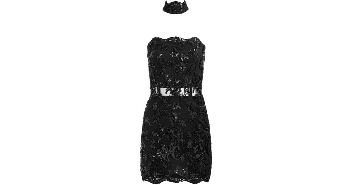 Alice + Olivia Georgie Embellished-Lace Strapless Mini Dress in Black ...