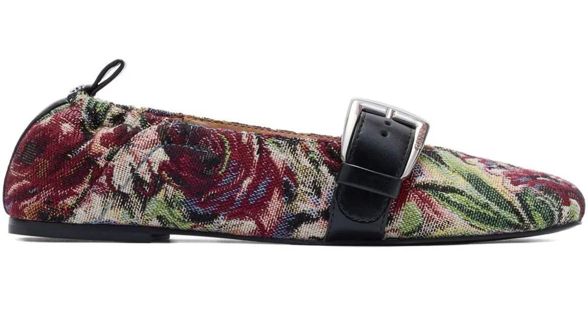 Ganni Floral-Jacquard Woven Ballet Flats in White | Lyst