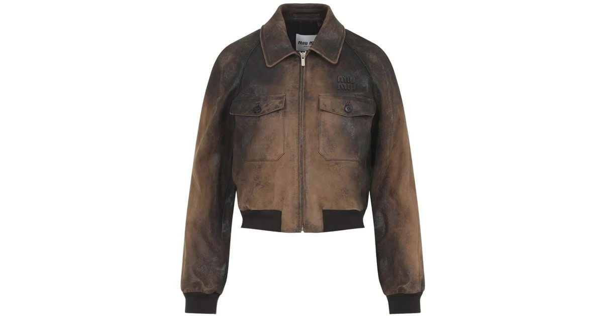 Miu Miu Pocket Logo Leather Jacket in Brown | Lyst UK
