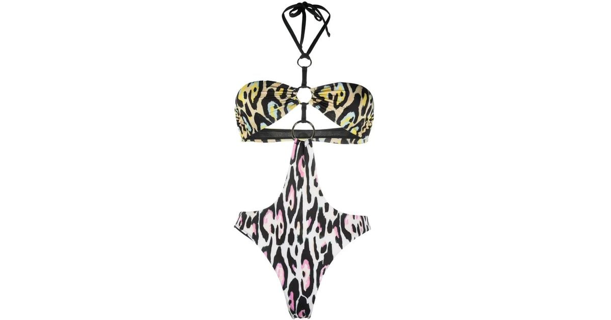 Roberto Cavalli Leopard-Print Cut-Out Swimsuit in White | Lyst UK