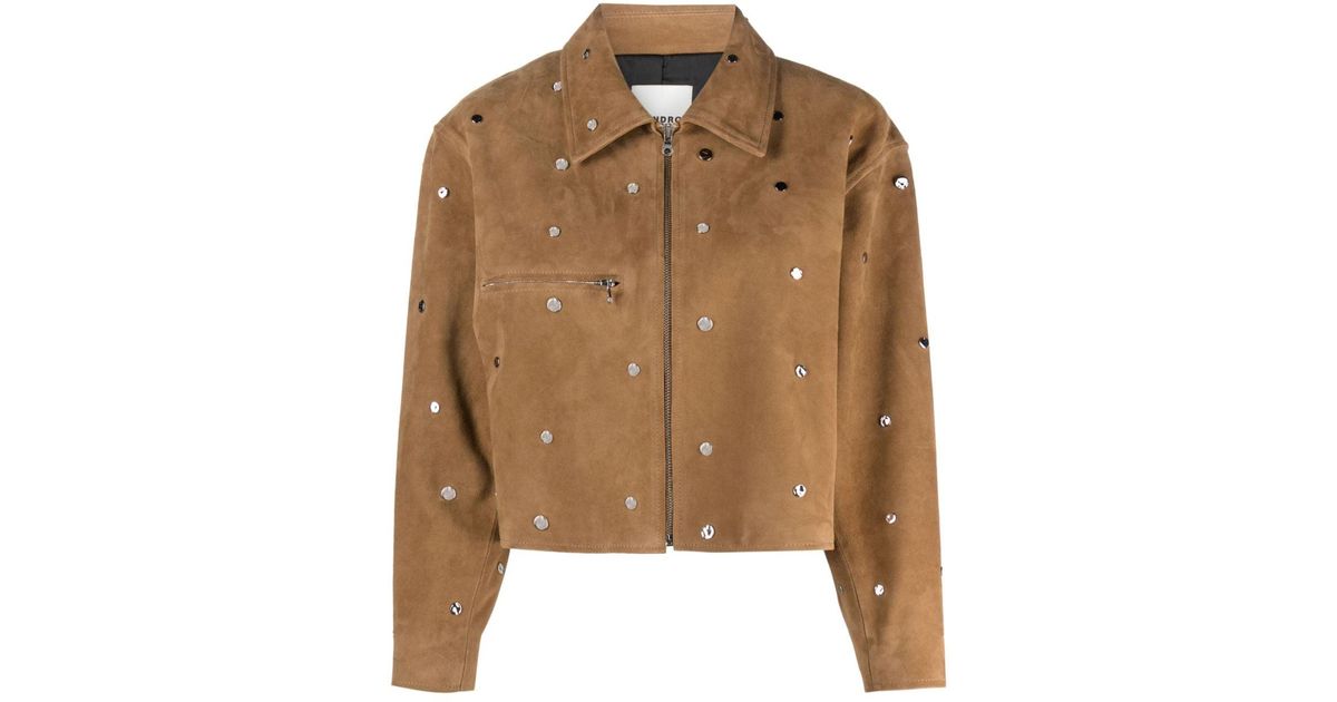 Sandro Stud-embellished Cropped Suede Jacket in Brown | Lyst
