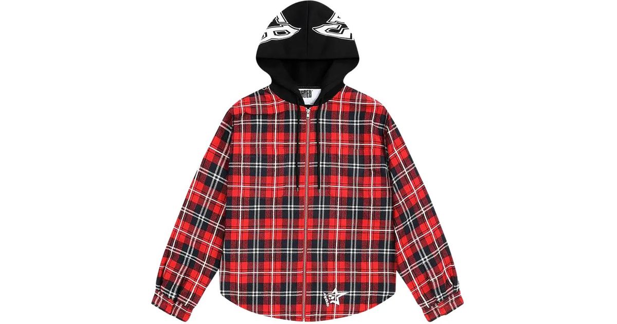 Sp5der Hooded Zip Flannel Hooded Jacket in Red for Men | Lyst