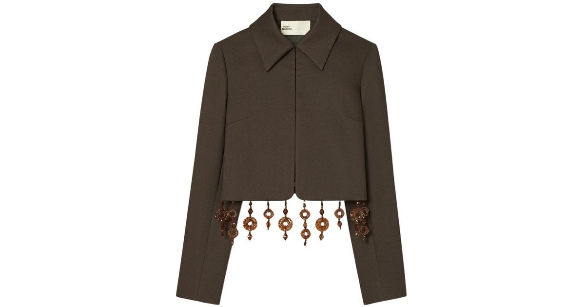 Tory Burch Beaded Crepe Jacket in Brown | Lyst UK