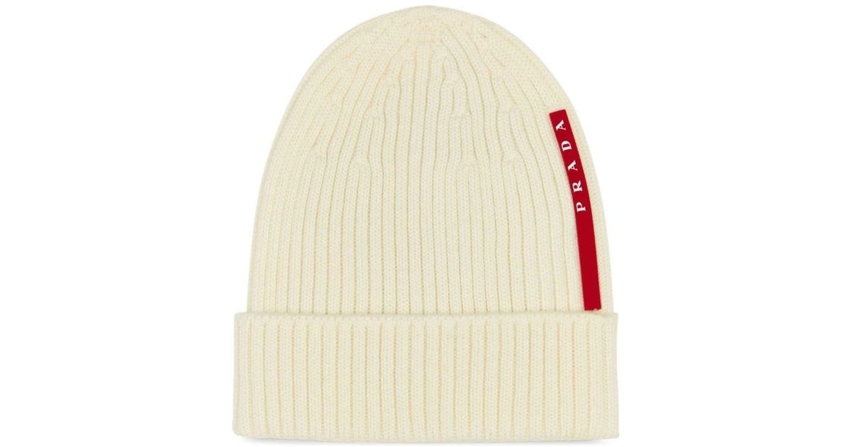 Prada Logo-Patch Beanie in Natural for Men | Lyst UK